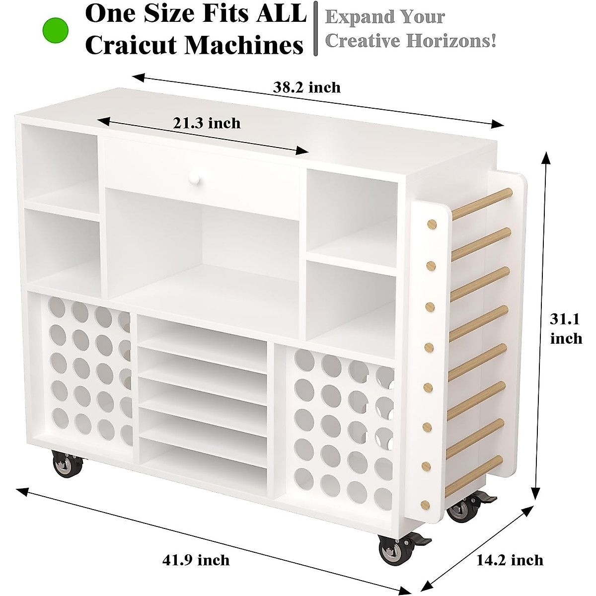 Craft organization and storage Cart Compatible with Cricut Machine, Rolling Craft Organizer With large drawer & 48 Vinyl Roll Holder, Crafting Cabinet Table Workstation for Craft Room Home