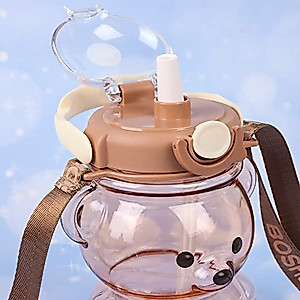 Kawaii Bear Straw Bottle, Large capacity bear water bottle with Strap and Straw, Cute Portable Bear shaped water Bottle Adjustable Removable Strap for outdoor and school activities(grey)