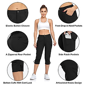 GymBrave Women's Hiking Cargo Pants Quick Dry Outdoor Camping Capris Water Resistant UPF 50 with Zipper Pockets Black