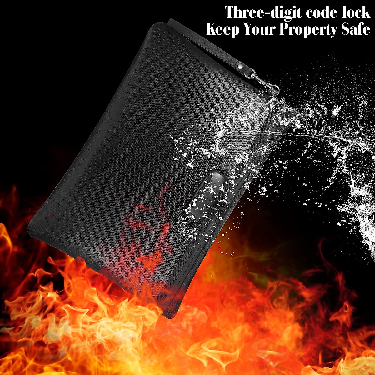 Nezyo Fireproof Safe Money Document Bag with Lock 2 Pcs Notary Journal Bag Waterproof Bag with Zipper for A4 Storage Pouch File Passport Tablet, 14 x 10 Inch and 6.7 x 10 Inch(Black, Horizontal)