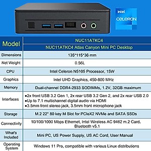 Intel NUC 11, NUC11ATKC4 Atlas Canyon Win11 Pro Mini PC Desktop, 8GB DDR4 RAM, 256GB SSD, Intel Celeron N5105 Processor, Support HDMI Dual 4K UHD/Bluetooth V5.2/Windows 11 Pro preinstalled