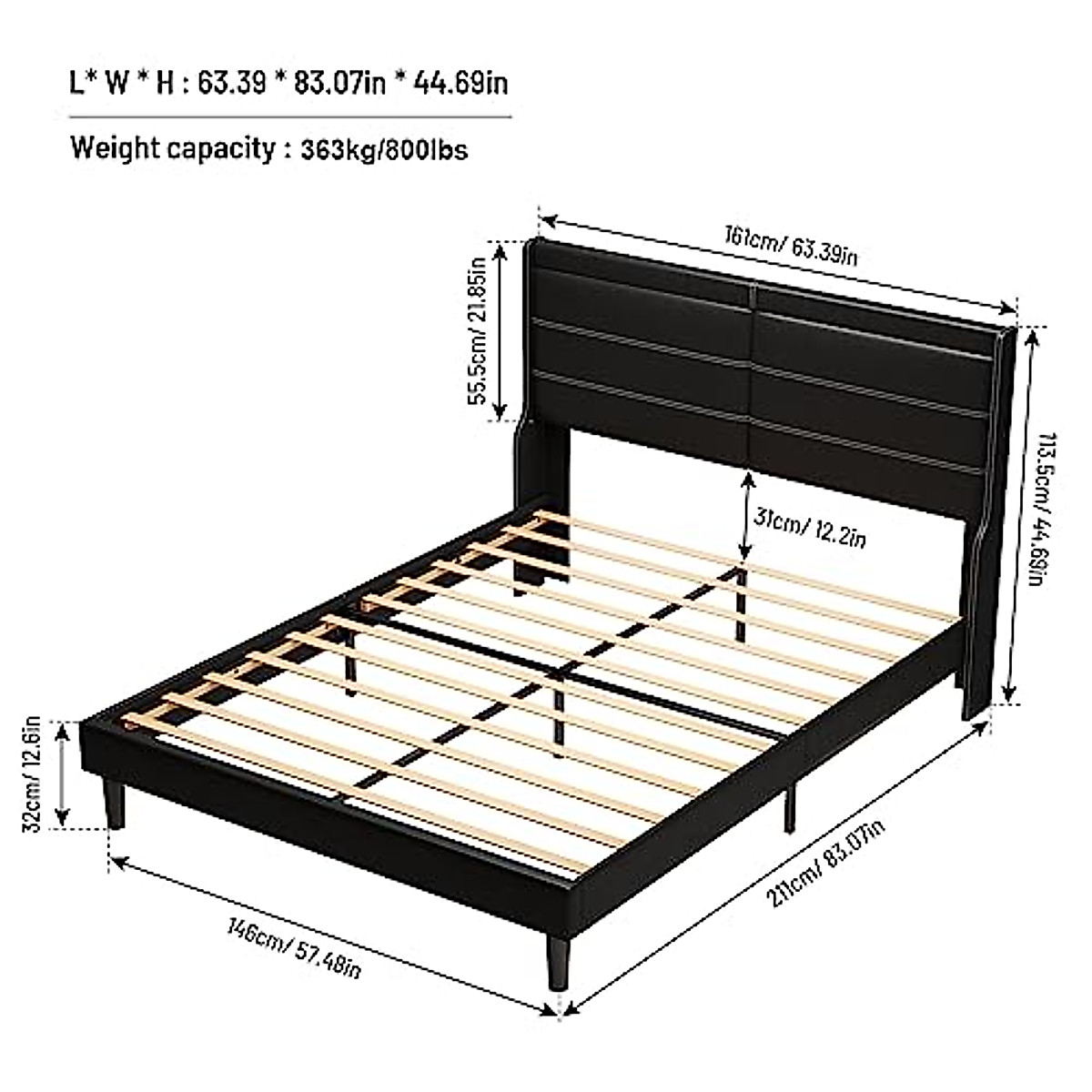 Origeture Queen Size Bed Frame with RGBW LED Lights Leather Headboard, Heavy-Duty Leather Upholstered Platform Bed with Thicker Wooden Slats Support, Noise-Free, Easy Assembly, Black