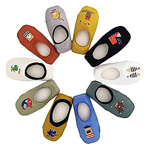 JUNOAI Toddler Non Skid No Show Socks - Low Cut Anti Slip Grip Slippers for Baby Kids Boys Girls 10 Pairs (3-4T, Dinosaur)