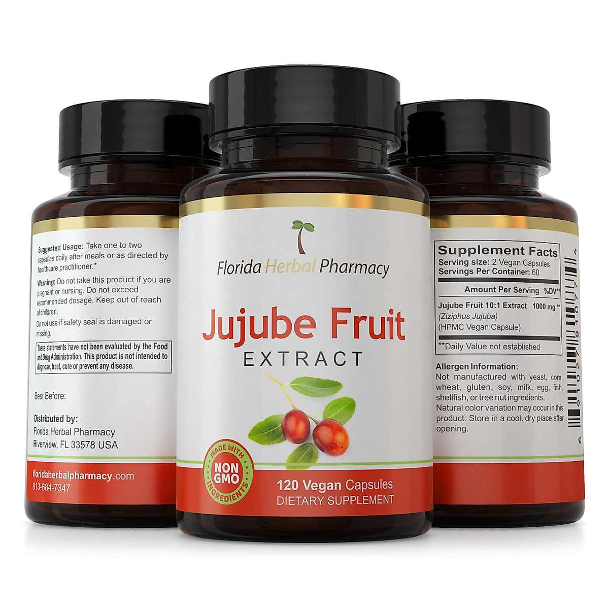 Florida Herbal Pharmacy, Jujube Fruit Extract Capsules 10:1 (120 Capsules) 500 mg per Capsule, 1000 mg Serving