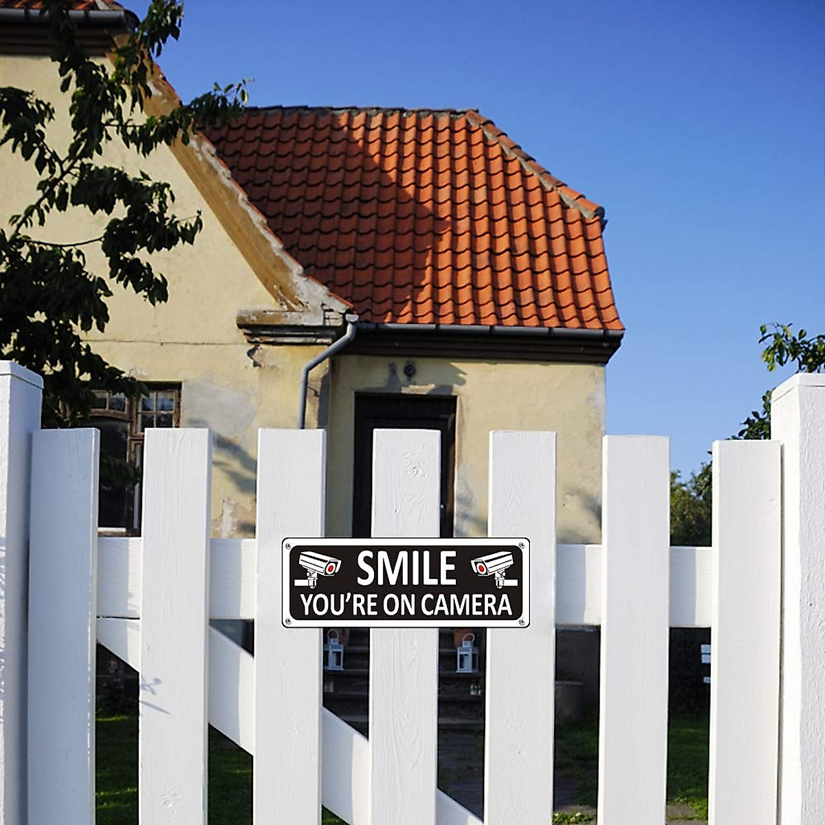 Smile You're on Camera Sign (2 Pack), Video Surveillance Sign Metal, 10" x 3.5" Home Security Signs for House Business, Camera Warning Sign Outdoor, Aluminum CCTV Sign for Yard
