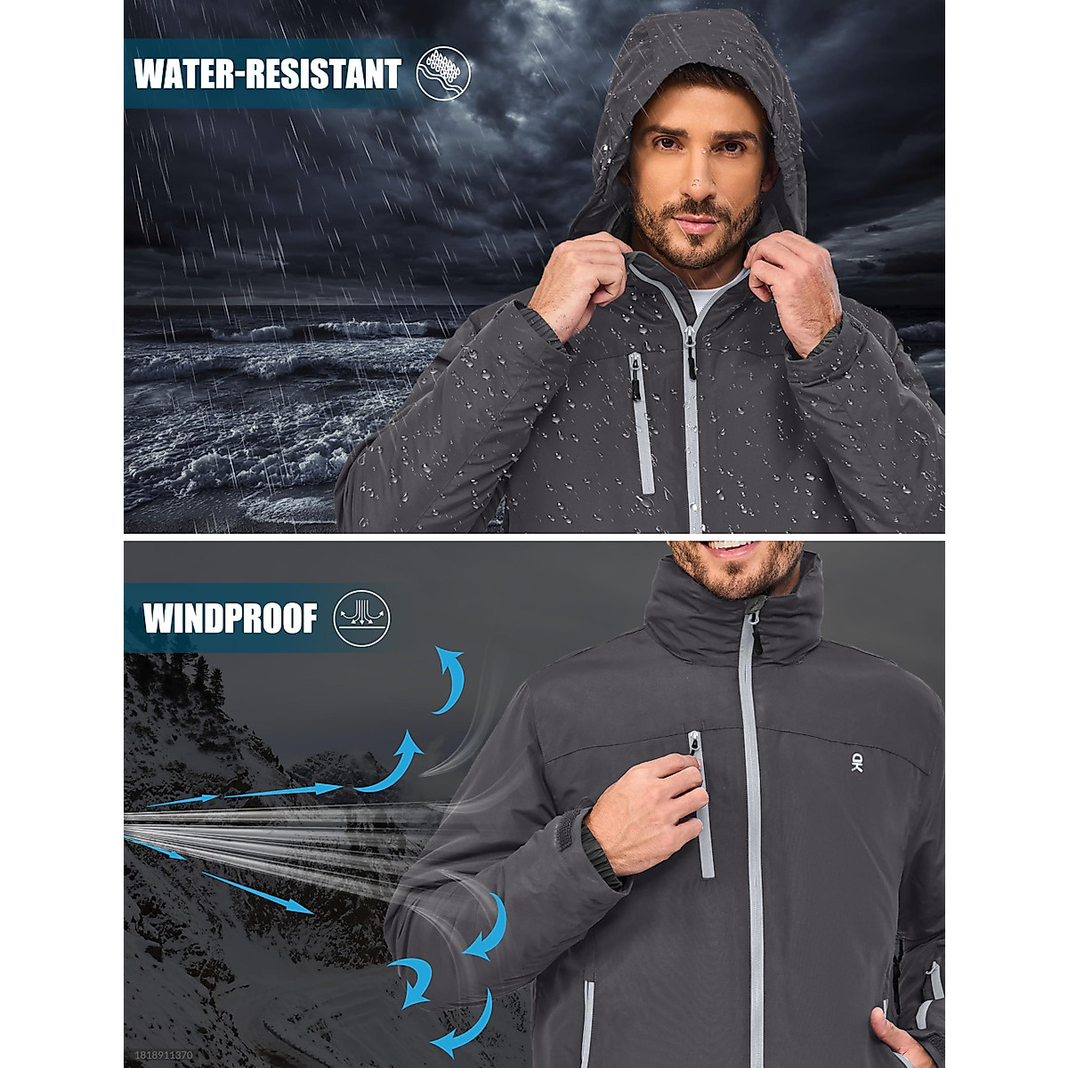 Little Donkey Andy Men's Lightweight Winter Jacket Hooded Windproof Warm Insulated Jacket for Ski Hiking (Grey XL)