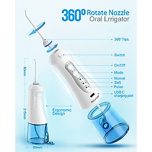 Cordless Water Flosser Teeth Cleaner, Nicefeel 300ML 2 Tip Cases Portable and USB Rechargeable Oral Irrigator for Travel, IPX7 Waterproof, 3-Mode Water Flossing with 4 Jet Tips for Home Blue