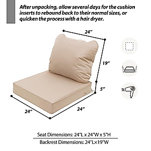 AAAAAcessories Outdoor Deep Seat Cushions 24 x 24 x 5 Inch, Waterproof Replacement Chair Cushions for Patio Furniture, Beige