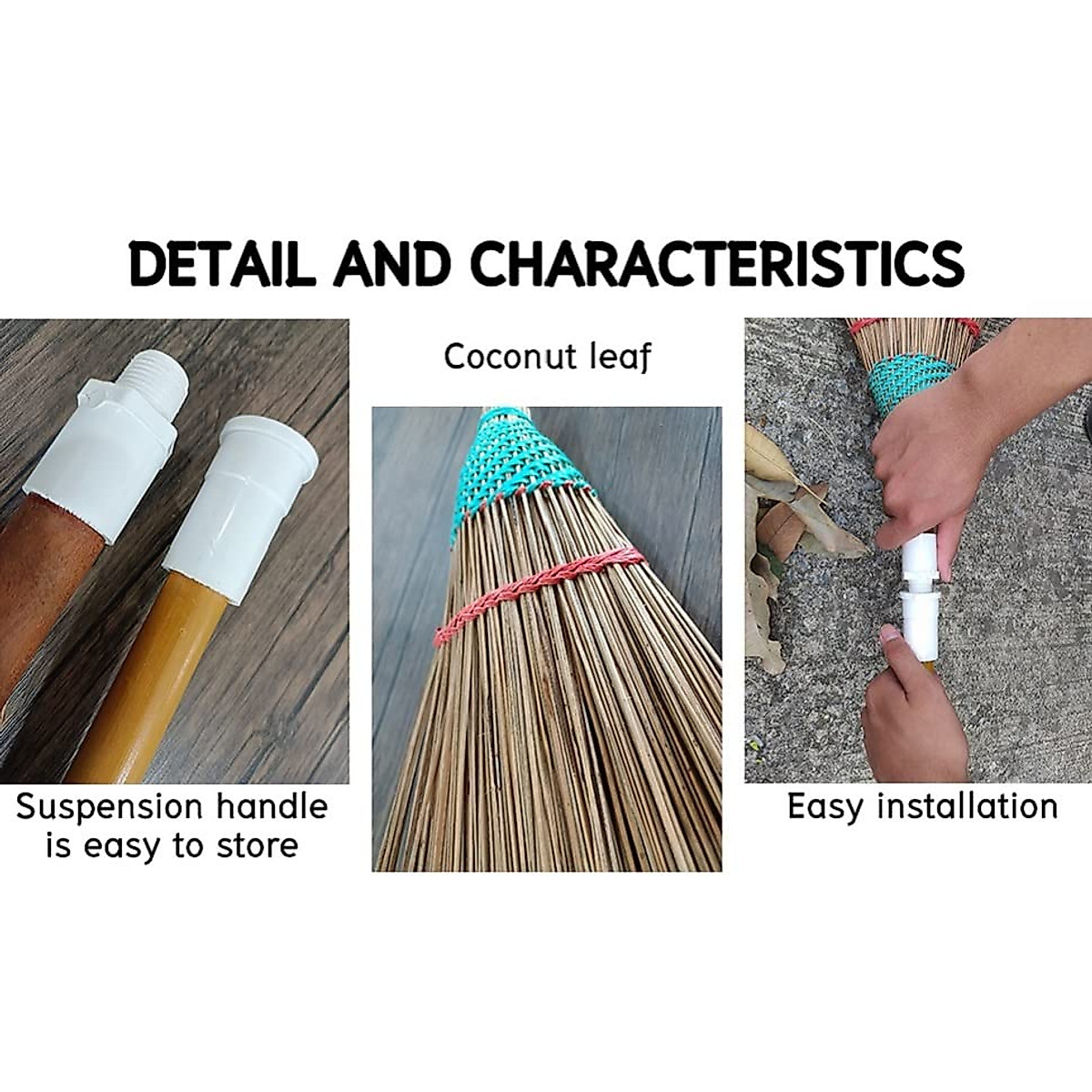 Garden Broom, 61 Inch, Natural Coconut Leaf Broom,Outdoor Brooms, Sweep Snow and Wet Leaves Multi-Surfaces Sturdy Outdoor Coconut Leaf Broom Bamboo Stick Handle Durable Broom Asian Heavy Duty Broom
