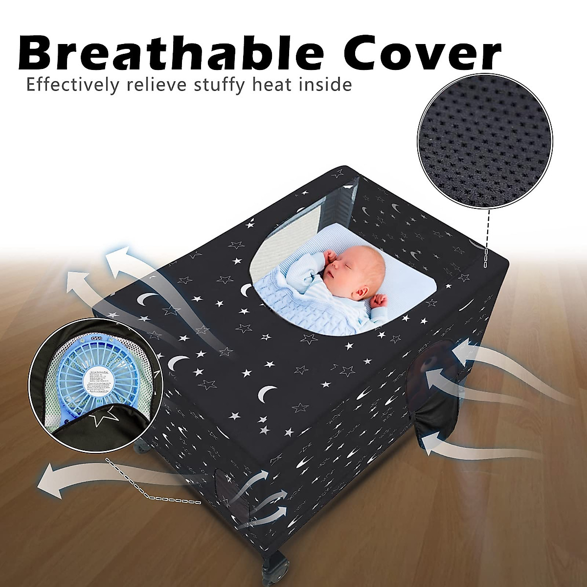 HOSEASCA Crib Blackout Cover, Baby Blackout Tent, Baby Canopy for Crib with 2 Mini Fan Pouch for Age 4 Months and Up, Breathable Pack N Play Blackout Cover for Travel Home Hotel