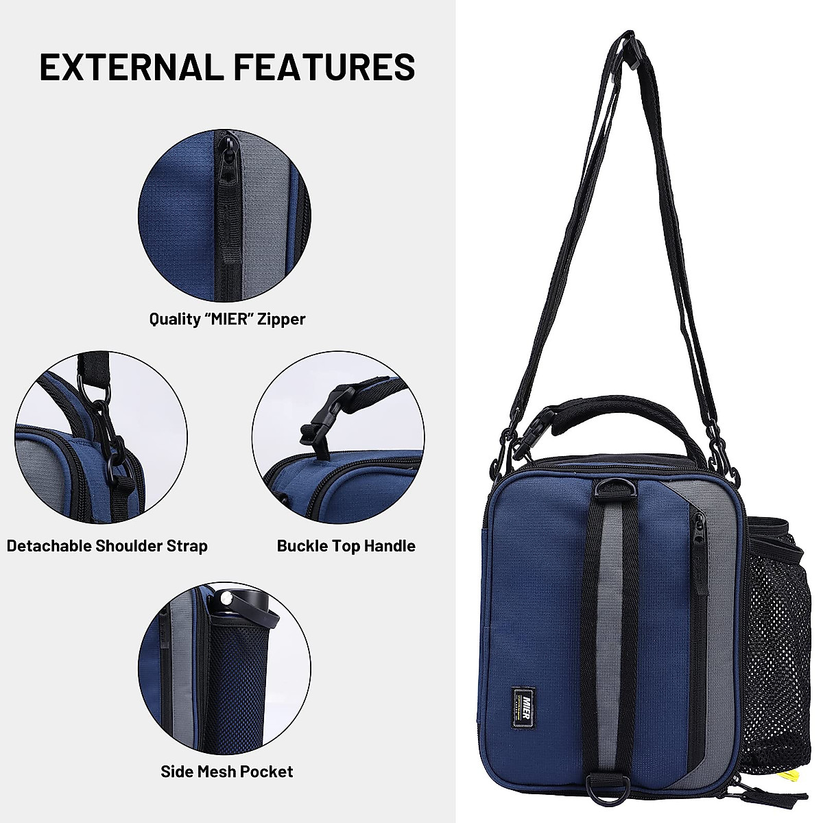 MIER Expandable Lunch Bag Insulated Lunch Box for Men to Work Travel Portable Lunchbox Bags with Shoulder Strap and Water Bottle Holder(Navy/Grey)