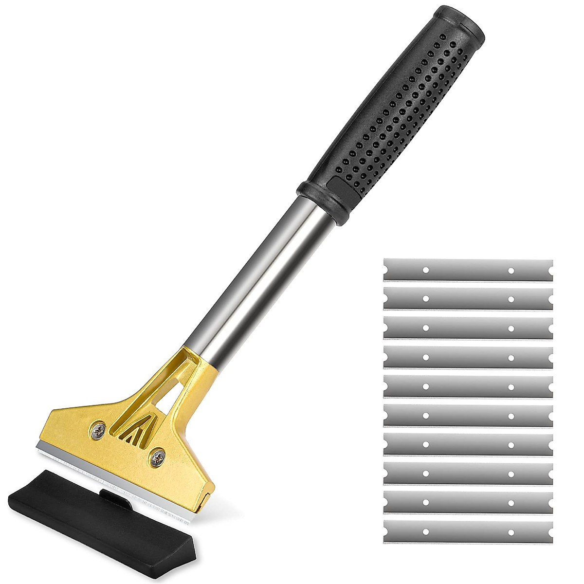 4 inch Razor Blade Scraper, Long Handle Large Cleaning Scraper Tool with 10PCS Extra Metal Blades for Removing Paint, Stickers, Adhesive, Caulk, Cement, Decals, Labels, from Floor, Glass, Window
