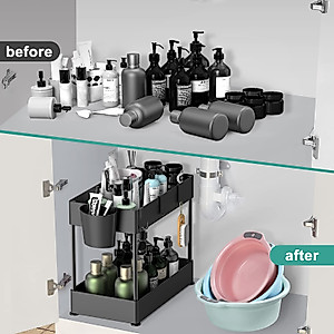 Giergt Under Sink Organizers and Storage, Bathroom Organizer Under Sink, 2-Tier Organizer with 6 Hooks, Multi-purpose Under Kitchen Sink Storage, Black Under Sink Shelf Organizer Rack