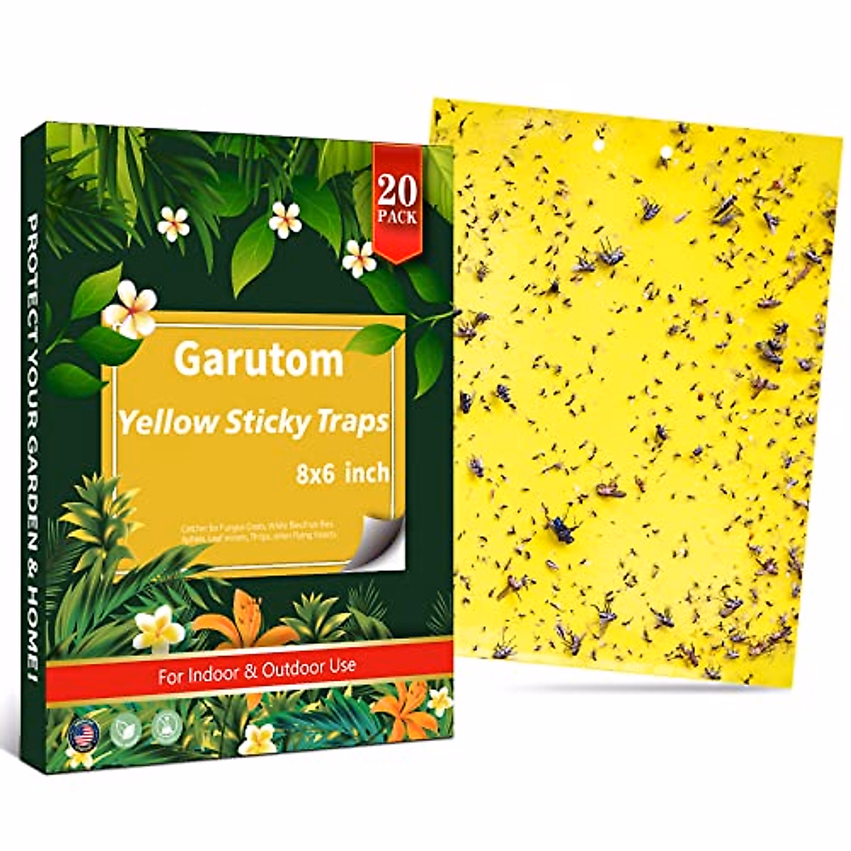 Garutom 20-Pack Dual-Sided Yellow Sticky Traps for Flying Plant Insect Such as Fungus Gnats, Whiteflies, Aphids, Leafminers, etc (6x8 Inches, Included 20pcs Twist Ties)