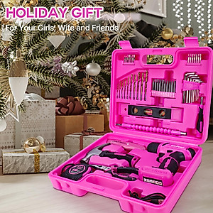 64PCS Pink Tool Set with Cordless Drill, 8V Power Drill and Pink Tool Kit for Women, 3/8"Keyless Chuck Electric Screwdriver Driver Kit for Home DIY and Repair, USB Charger and Storage Box Included