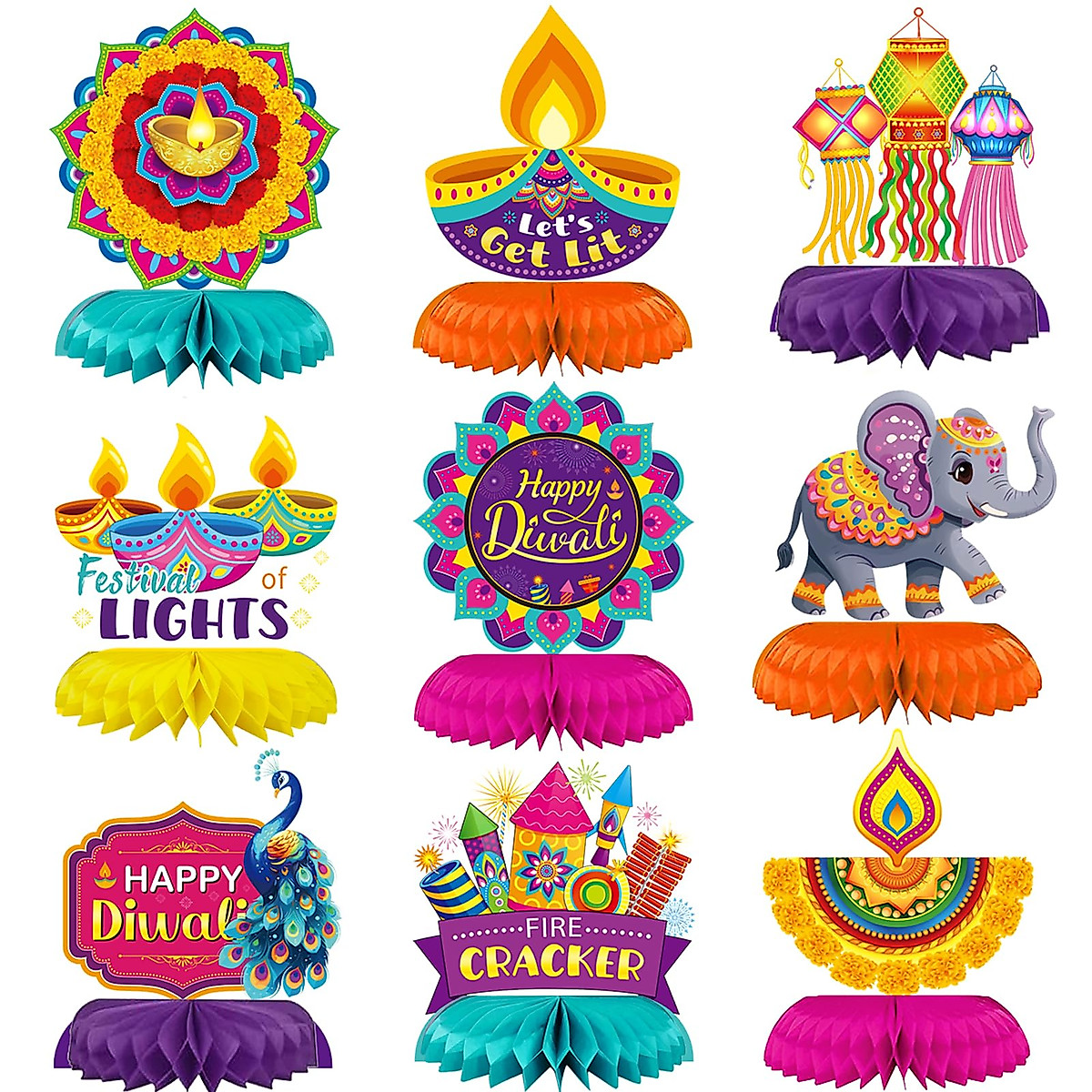 9 Pieces Diwali Honeycomb Ornaments - Diwali Party Decorations Demon Slayer Table Centerpieces Tabletop Decorations Diwali Happy Decorations for Indian Diwali Home Rangoli Party Decorations