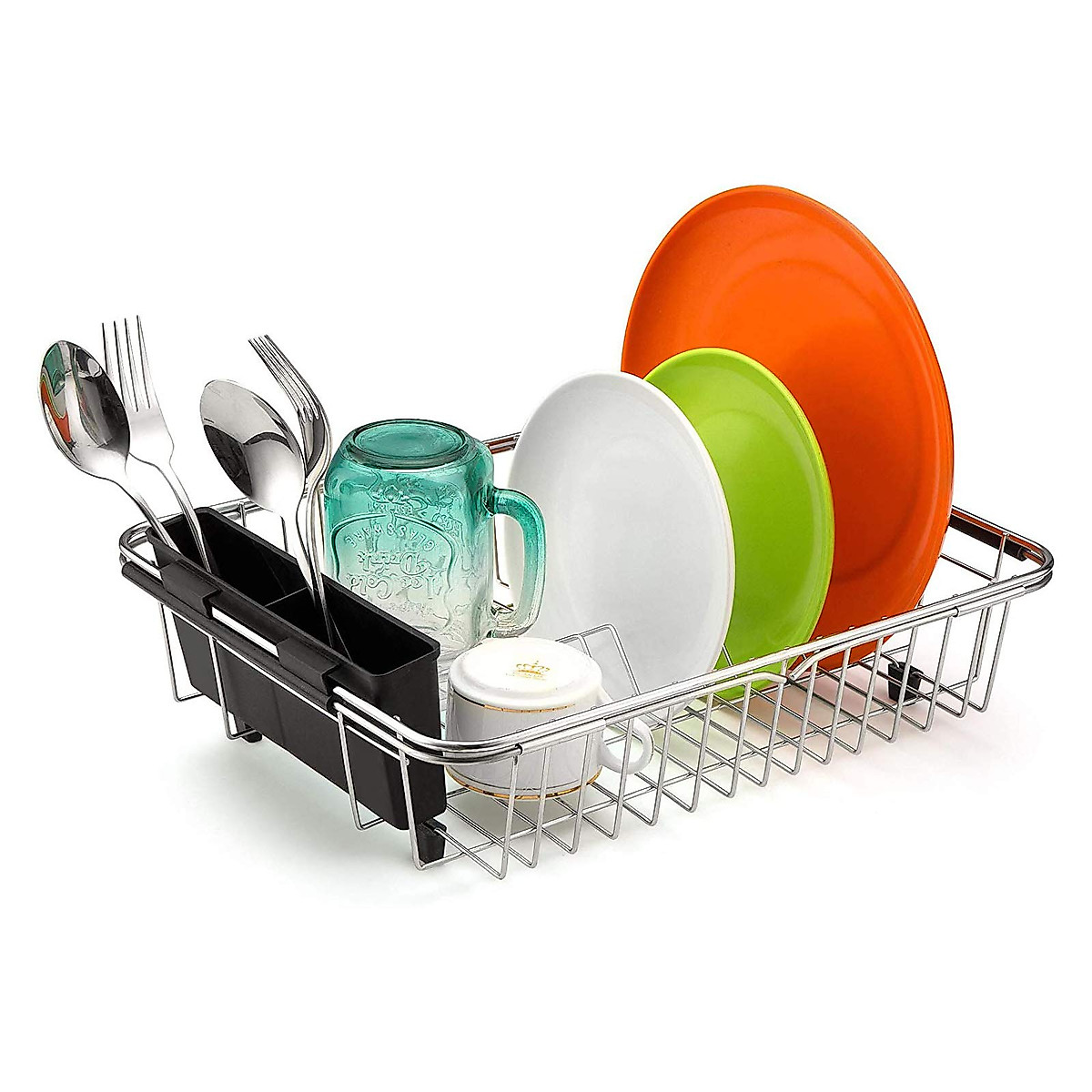 Expandable Dish Drying Rack Over The Sink Dish Rack for Kitchen in Sink or On Counter Dish Drainer with Black Utensil Holder, Rustproof SUS304