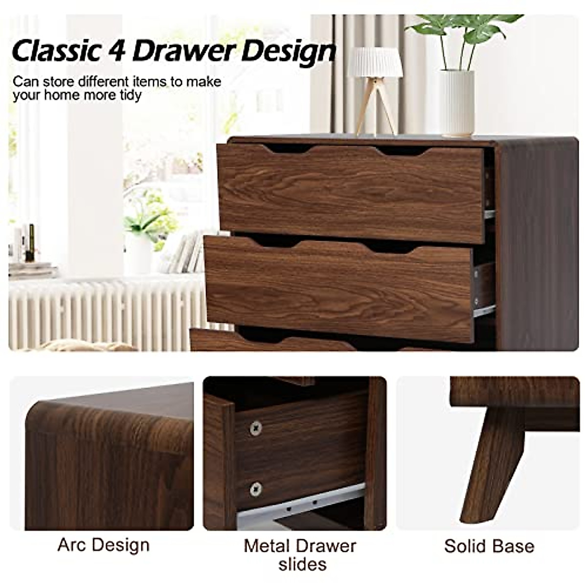 UEV Mid-Century Modern Dresser,4 Drawer Dresser Large Drawers,Chest of Drawers Storage Cabinet,Bedroom Storage Drawer Organizer for Closet, Living Room, Laundry Room(Walnut)