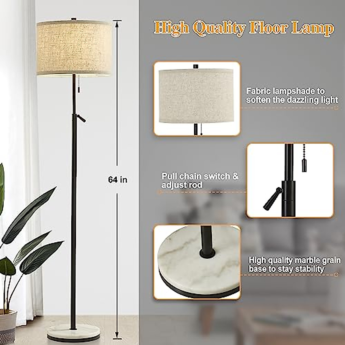 GyroVu Marble Floor Lamp, Adjustable Height Standing Lamp with Marble Base Tall Lamp with Pull Chain Switch Floor Lamps for Living Room, Bedroom & Office Bulbs Not Included(Black)