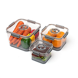 3-pack Vegetable and Fruit Storage Containers for Fridge Organizer Produce Saver Containers for Refrigerator Lettuce Berry Salad Cabbage Keeper , Kitchen Organization with Lids and Air Vents (Grey)