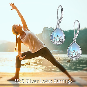 YFN Lotus Flower Moonstone Earrings Leverback 925 Sterling Silver Teardrop Dangle Hypoallergenic Earring for Women