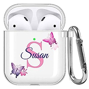 Custom Name & Initial Crystal Clear Airpods Case for Apple AirPod 1 and 2nd Generation，Thin Shockproof Protective Customized Transparent Case（Purple Butterfly）
