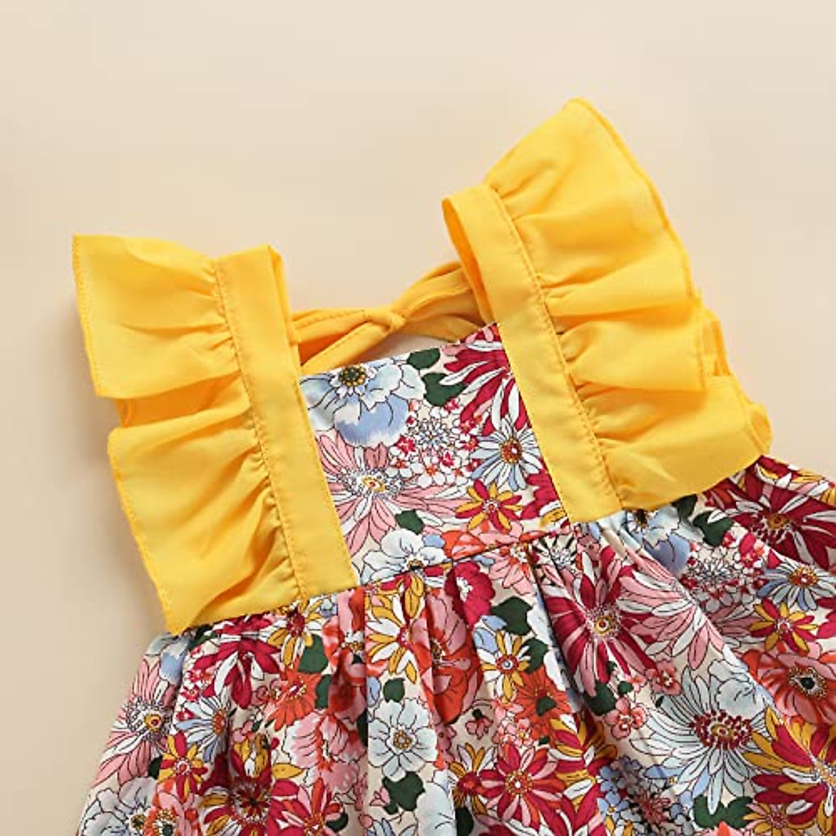 Toddler Infant Girl Flower Dress + Sun Hat 2Pcs Summer Boho Floral Ruffle Sleeve Tutu Dresses Baby Clothes Set (12-18 Months, Yellow)