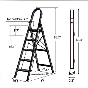 GameGem Lightweight Aluminum 5 Step Ladder Folding Step Stool with Convenient Handgrip Stepladders for 10 Foot High Ceiling with Anti-Slip and Wide Pedal for Home Use Space Saving - Brown Gold