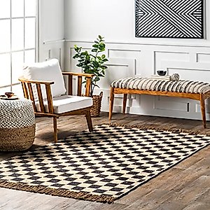 nuLOOM Connie Checkered Wool/Jute Tasseled Area Rug, 5' x 8', Grey