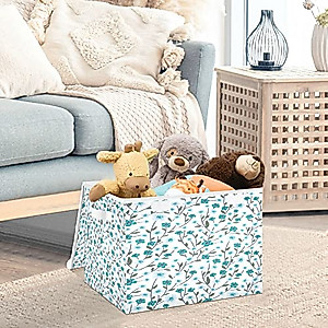 Kigai Storage Basket Blue Floral Storage Boxes with Lids and Handle, Large Storage Cube Bin Collapsible for Shelves Closet Bedroom Living Room, 16.5x12.6x11.8 In