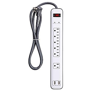 Prime Wire & Cable PB525106 6-Outlet Electronics Surge Protector with 14/3 SJT 4-Feet Cord and USB Charger, White