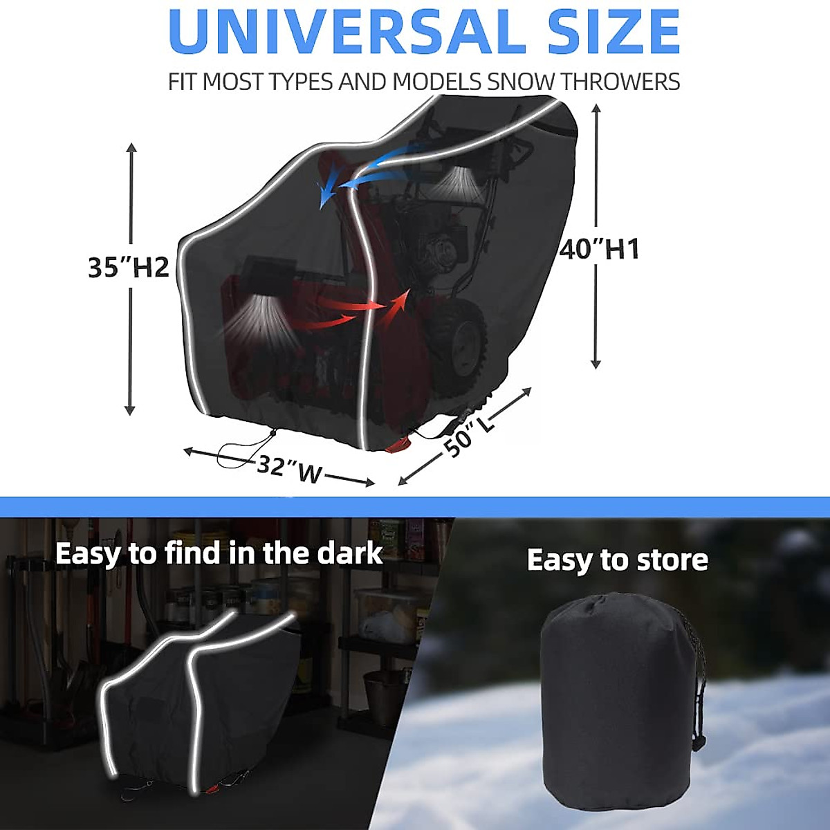 Zenicham Heavy-Duty 600D Fade and Crack Resistant Snow Blower Covers, Waterproof, Snow Proof,UV-Proof Snowblower Cover Universal Fit，Snow Thrower Cover with Reflective Strips (50" L x 33" W x 40" H)