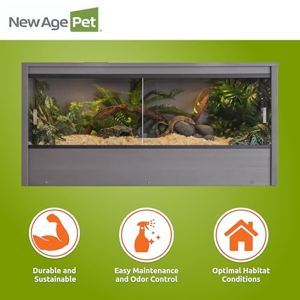 New Age Pet ECOFLEX 48-Inch Mojave Reptile Lounge in Grey- Durable Wood Plastic Composite Habitat with Vented Side Panels, Removable Sliding Glass Doors & Lock, Easy Assembly