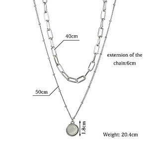 Yheakne Boho Layered Moonstone Necklace Silver Opal Moonstone Pendant Necklace Paper Clip Chain Choker Necklace Punk Flat Chain Necklace Jewelry for Women (Silver)