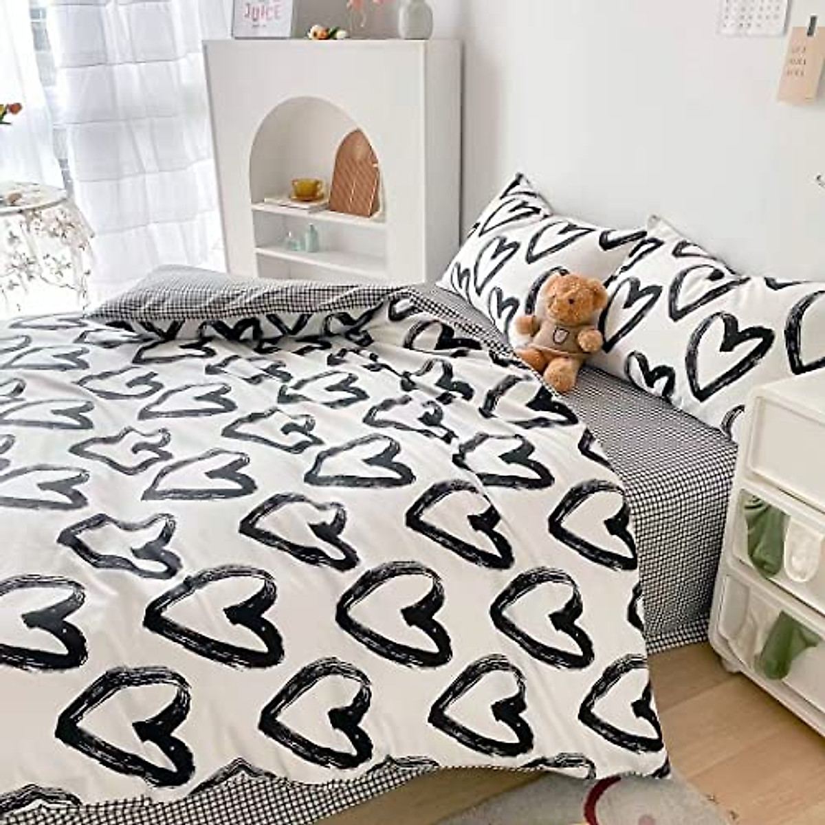 Wellboo Love Comforter Sets Queen Black and White Bedding Comforters Cotton Women Girls Heart Shaped Bed Quilts Brush Ink Love Pattern Quilts Adults Girls Modern Kawaii Black White Dorm Comforters
