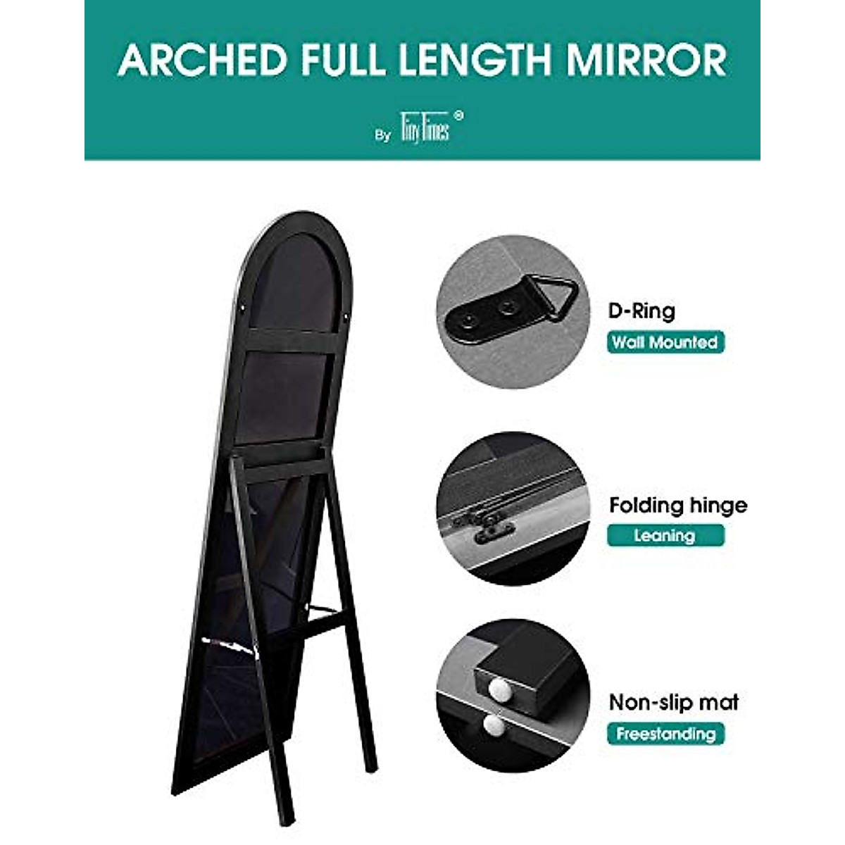TinyTimes 65''x22'' Arched Full Length Mirror, Floor Mirror with Stand, Full Body Mirror, Arched Wall Mirror, Modern & Contemporary Full Length Mirror with Wood Frame - Black