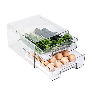 YCOCO Large Capacity Refrigerator 2 Tier With Lid Type Storage Box,Multi-Function Storage Drawer Container Organizer, with Removable Egg Tray and Drain Tray,Clear