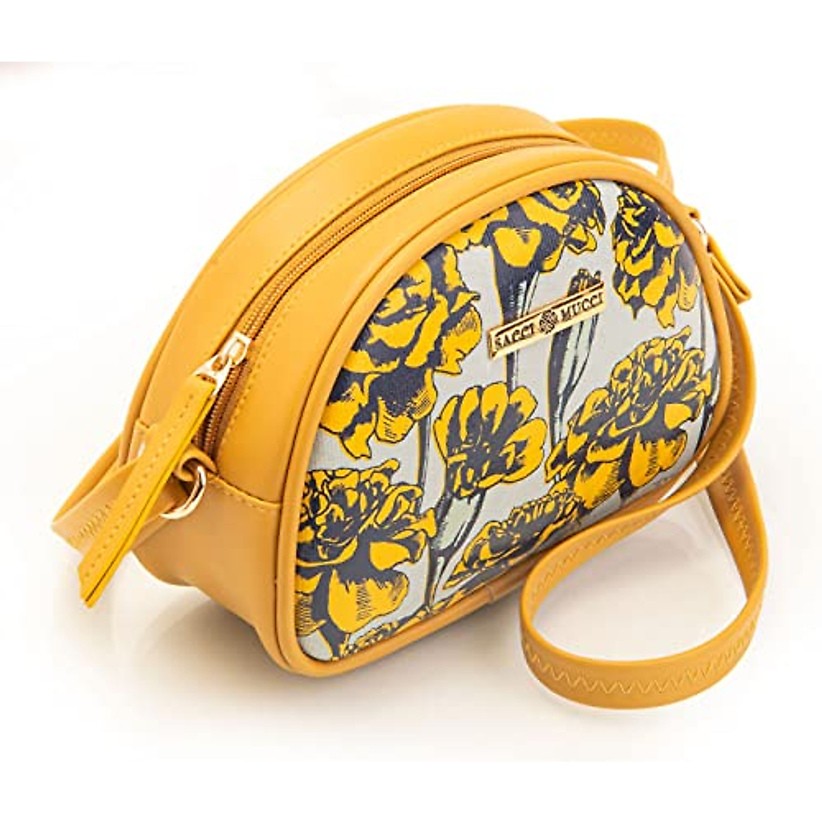 Sacci Mucci Women's Rainbow Sling Bag, Handmade Bags for Females - Vegan Leather and Canvas Fabric, Lightweight and Durable, floral Print, Mustard marigold, M