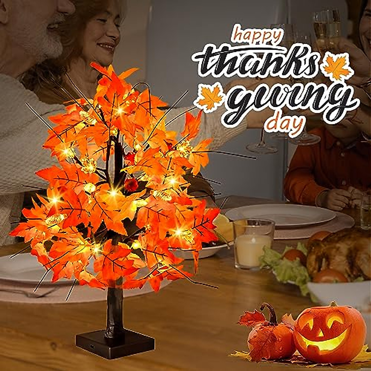 [ 2 Pack & Timer ] 24 Inch Lighted Maple Tree Fall Decorations with 48 LEDs Timer Battery Operated Artificial Autumn Tabletop Tree for Thanksgiving Harvest Indoor Home Decor
