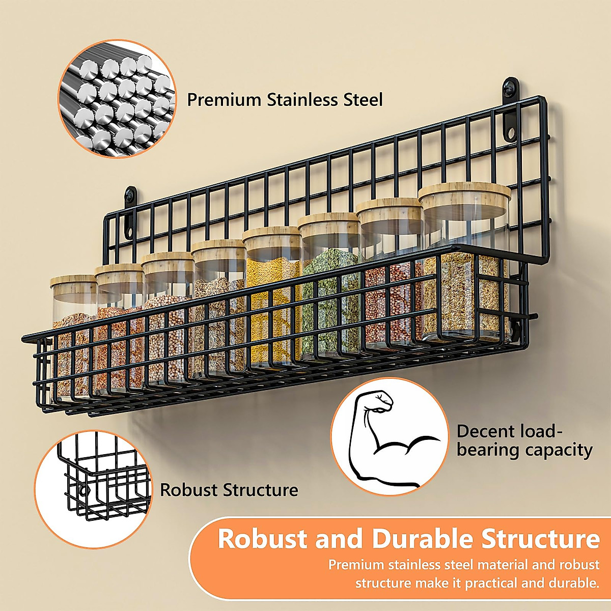 Spice Rack Organizer Wall Mounted 5-Tier Stackable Hanging Spice Jars Storage Racks,Great for Kitchen and Pantry,Up to Storage 48 Jars(Patent No.:D909138S)