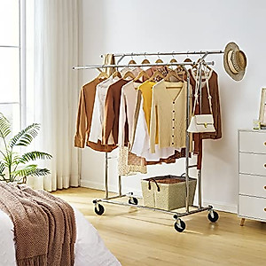 Tajsoon Clothes Rack,Collapsible Heavy Duty Garment Rack,Extendable Standard Double Rods Clothes Hanging Rack,Commercial Clothing Display Stand,Adjustable Rolling Clothes Organizer With Wheels,Chrome