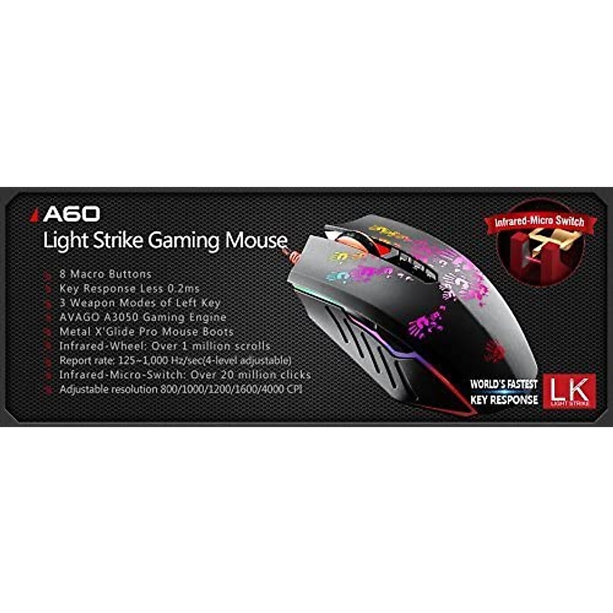 Bloody A60L Optical Gaming Mouse with Light Strike (LK) Switch & Scroll - Fully Programmable and Advance Macros (A60L)