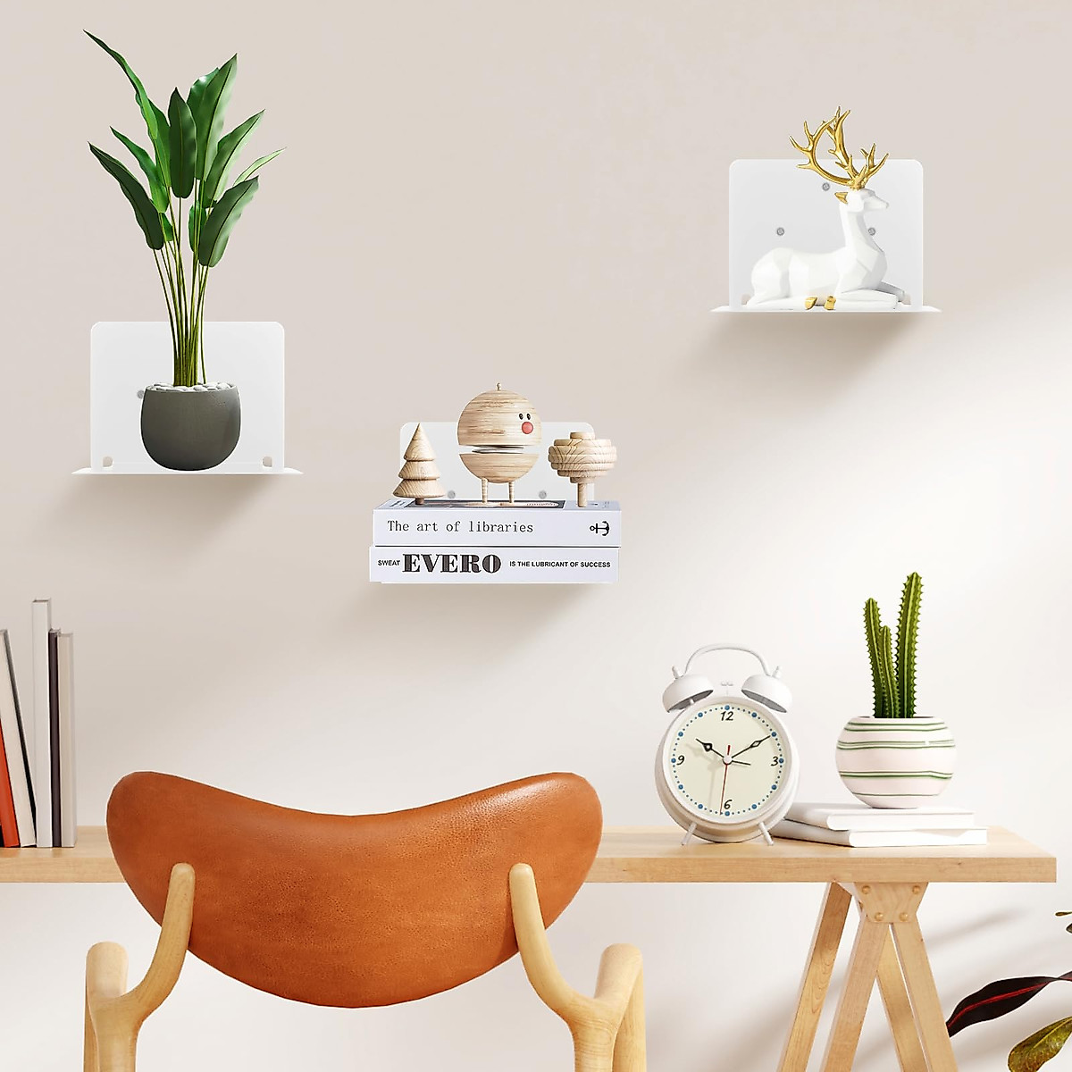 Invisible Floating Bookshelves for Wall, Set of 6 Heavy-Duty Floating Bookshelf Wall Mounted, Large Size Iron Wall Shelves Book Shelf Organizer for Bedroom Living Room Office Wall Decor (White)