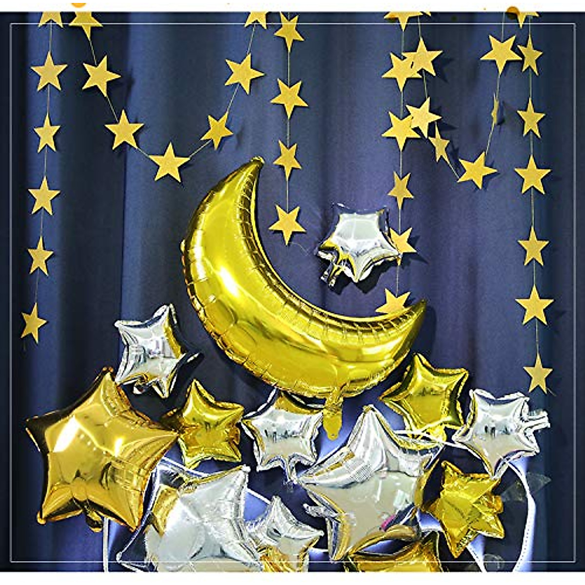 SBYURE 4 Pack 36" Large Moon Foil Balloons and 12 Pack 10" Gold Foil Star Balloons Mylar Balloon for Party Decoration Baby Shower Birthday Party Celebration,Gold,16 Pieces