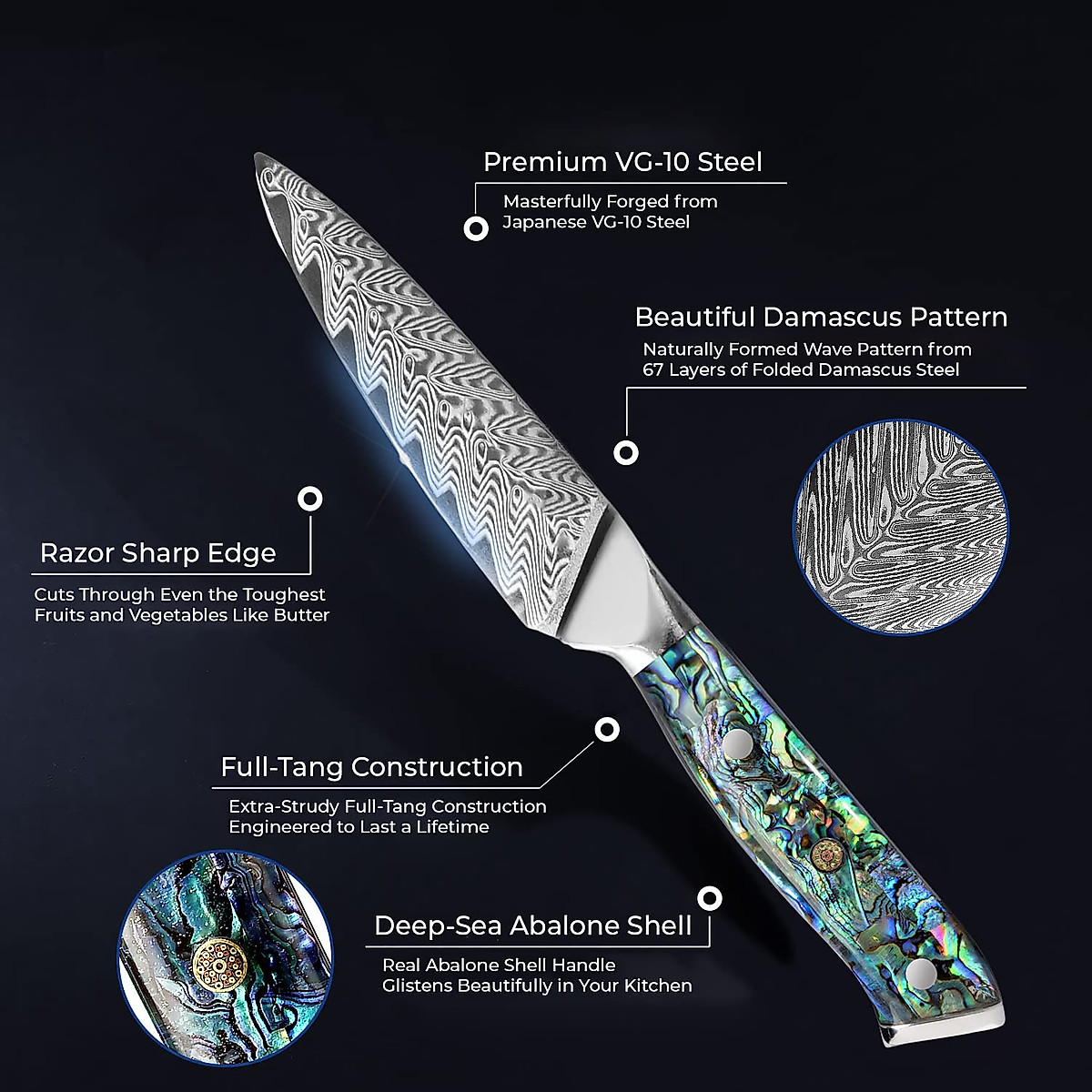 SENKEN Damascus Steel 3.5" Paring Knife with Real Deep-Sea Abalone Shell Handle - Damascus Peeling Knife - 67-Layer Japanese VG10 Forged Steel Blade, Integrated Full-Tang Molding (3.5" Paring Knife)