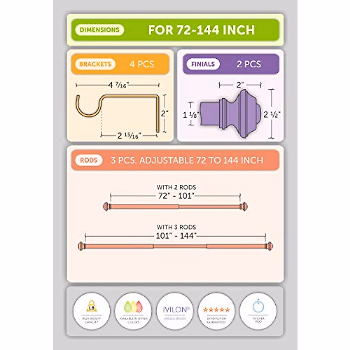 Ivilon Window Treatment Curtain Rod - Square Finials, 1 1/8 in Rod, 72 to 144 Inch, Antique Black