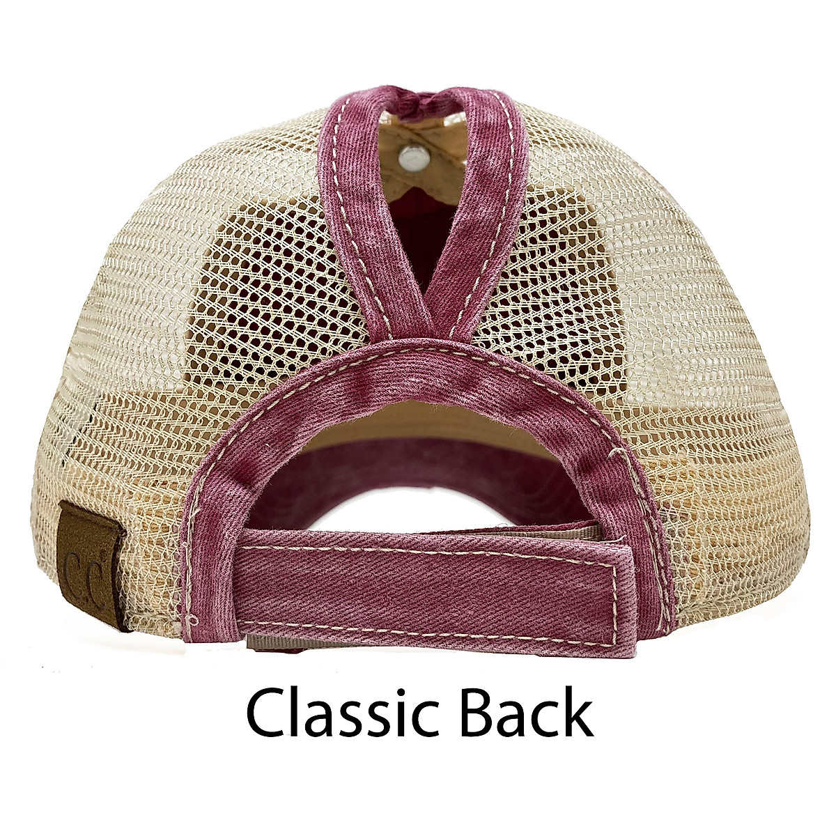 Ponytail Messy Bun Trucker Ponycap: Mesh - Burgundy w/Beige Mesh