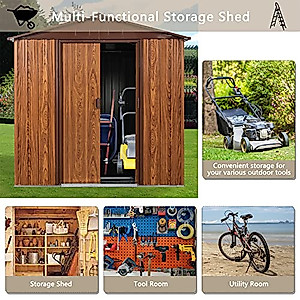 6.36 x 5.7ft Outdoor Metal Storage Shed with Floor Frame, Sliding Doors & Side Window, Sun Protection, Waterproof Tool Storage Shed for Garden, Patio, Lawn,Backyard (Brown & Wood Grain)