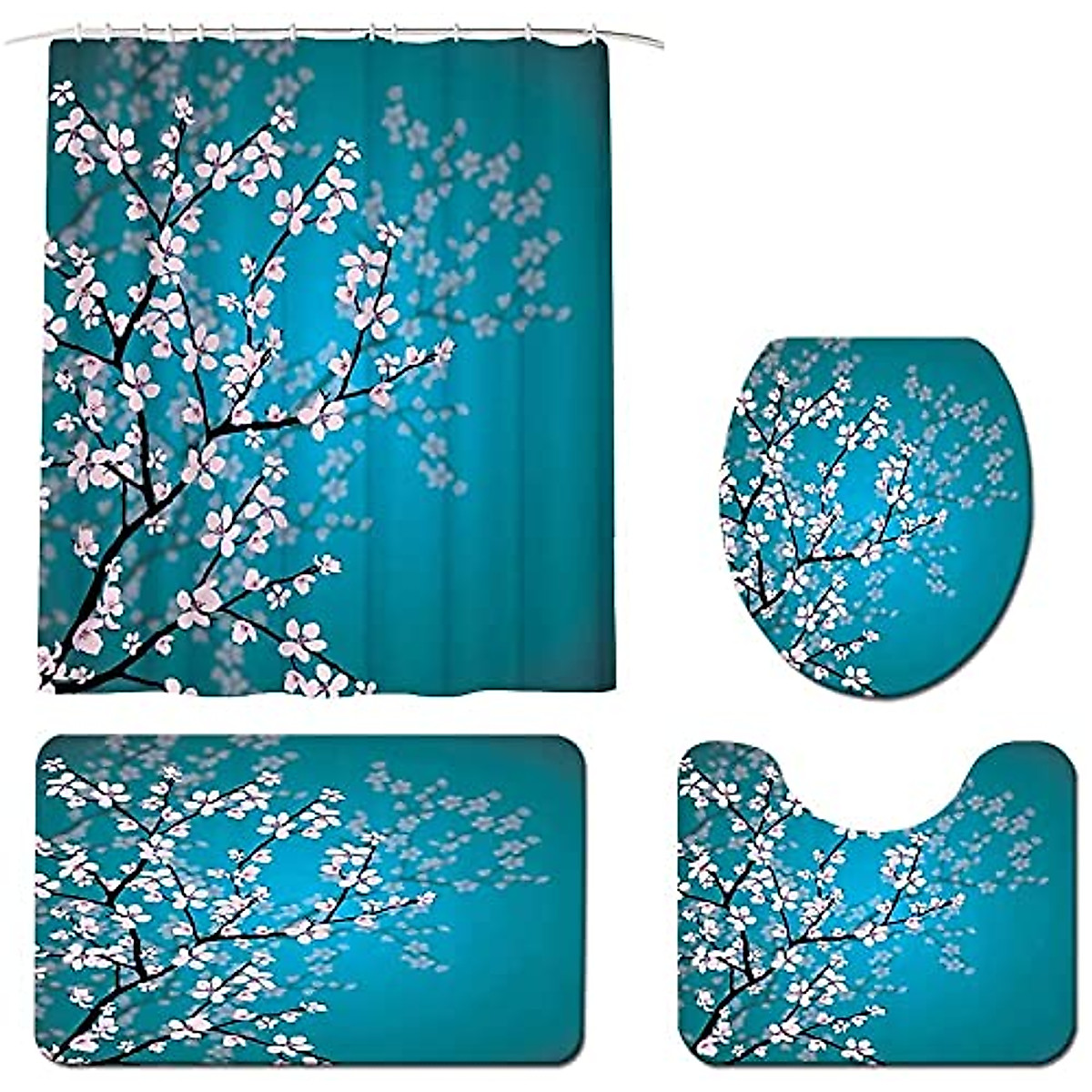 4Pcs Cherry Blossom Shower Curtain Set with Non-Slip Rugs and Toilet Lid Cover Pink Sakura Floral Blossom Teal Bath Curtains Plum Tree Bathroom Decor