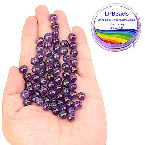 LPBeads 100PCS 8mm Natural Amethyst Beads Gemstone Round Loose Beads for Jewelry Making with Purple Stretch Cord